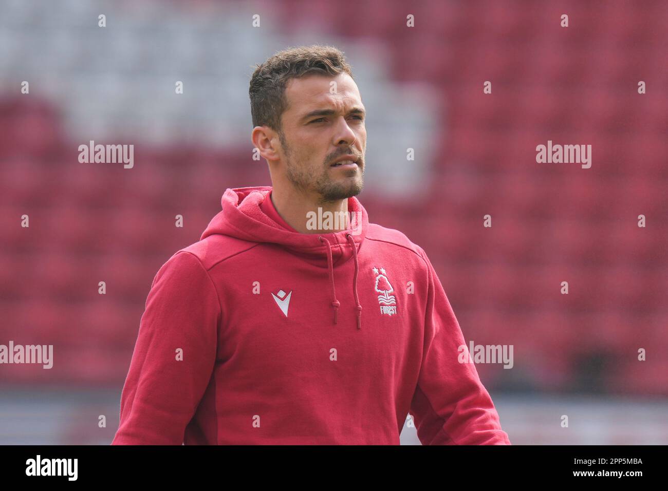 Harry Toffolo #15 of Nottingham Forest inspects the pitch before the ...