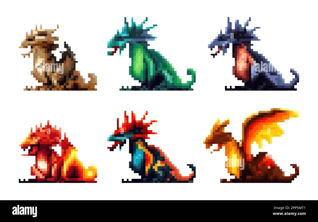 set vector pixel illustration of colorful magic cute dragons isolate on ...