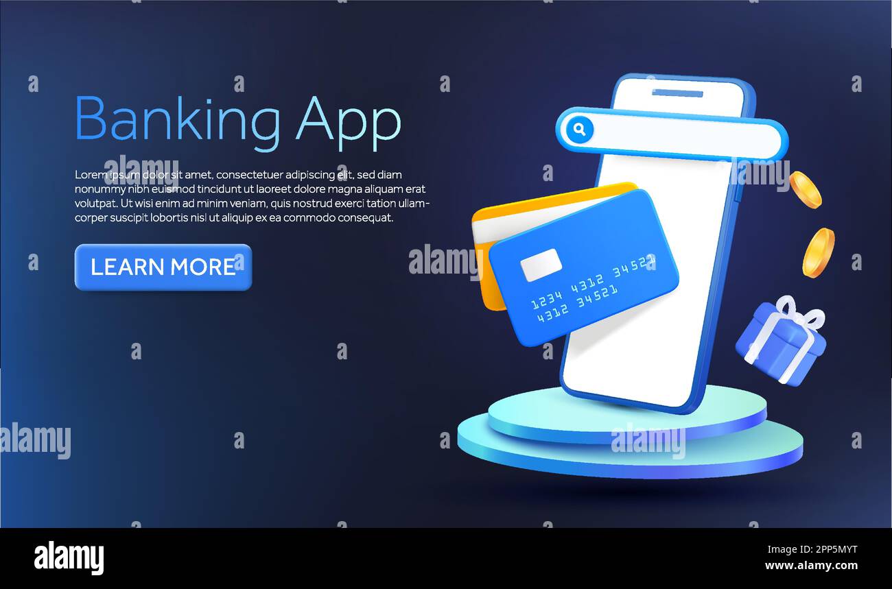 3d banking credit cards with smartphone, search bar, coins, gift box ...