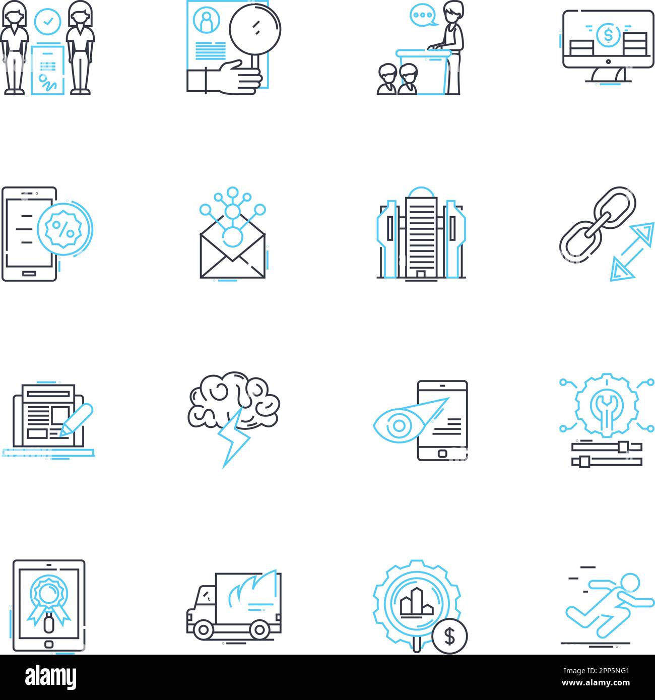 Brand management linear icons set. Strategy, Positioning, Identity, Perception, Reputation ...