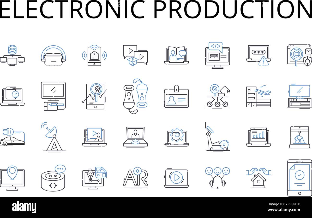Electronic production line icons collection. Computer manufacturing, Digital fabrication, Video ...