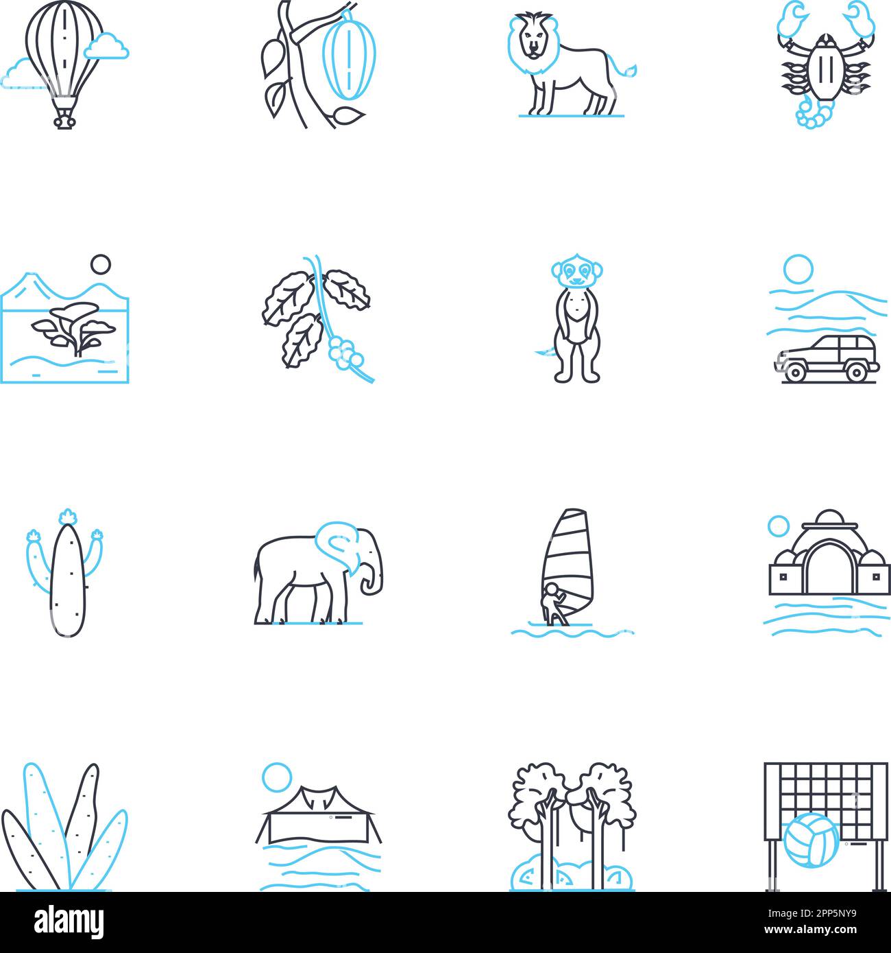 Nature's beauty linear icons set. Serenity, Majestic, Blossom, Tranquil ...