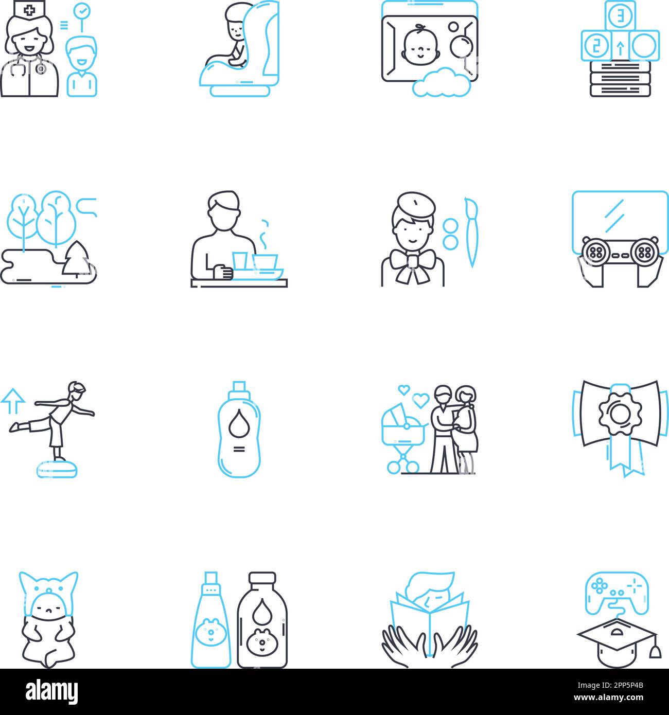 Infants linear icons set. Crying, Sleeping, Diapers, Milk, Coos ...
