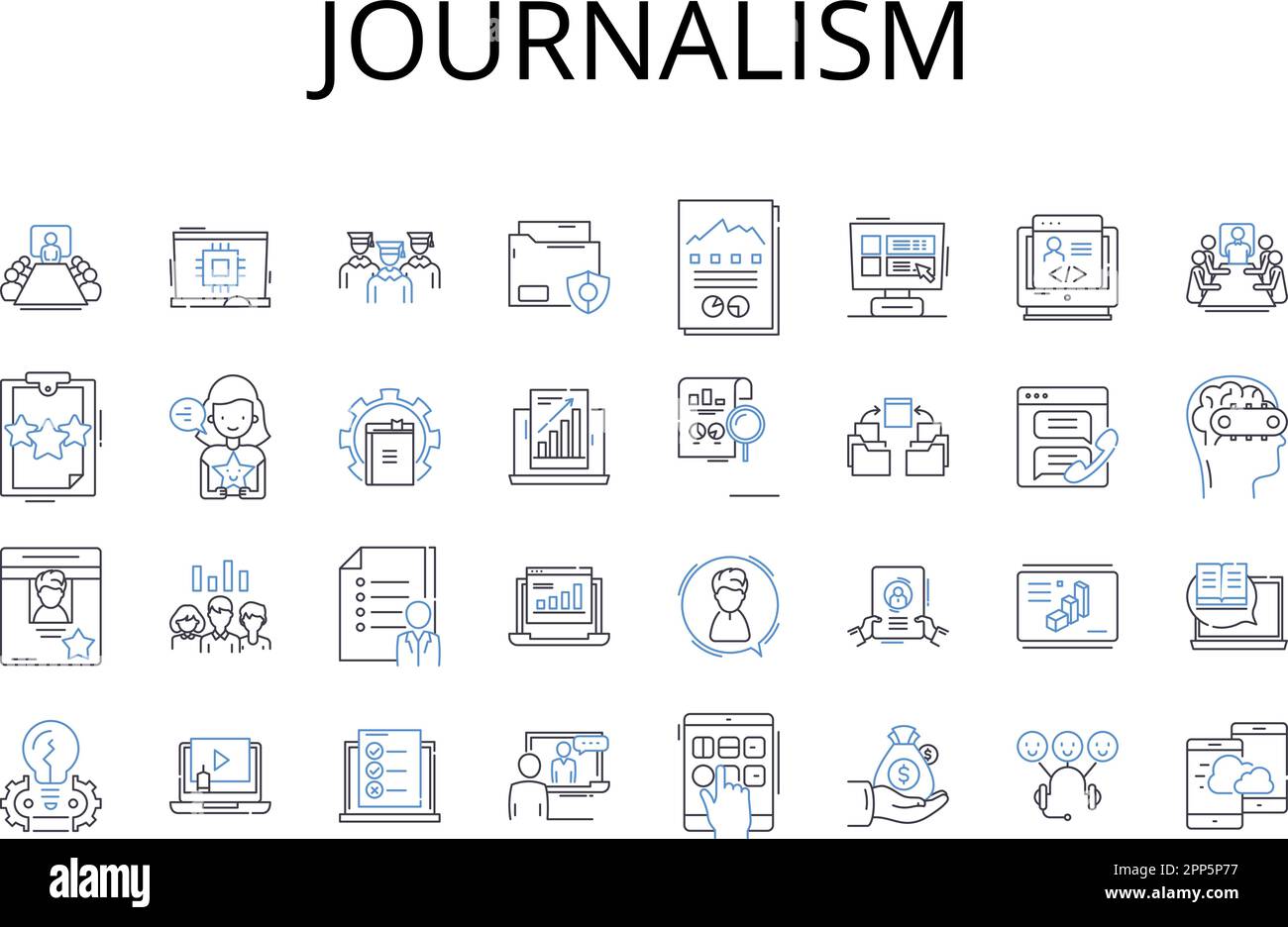 journalism line icons collection. News writing, Press coverage, Reportage style, Media reporting ...
