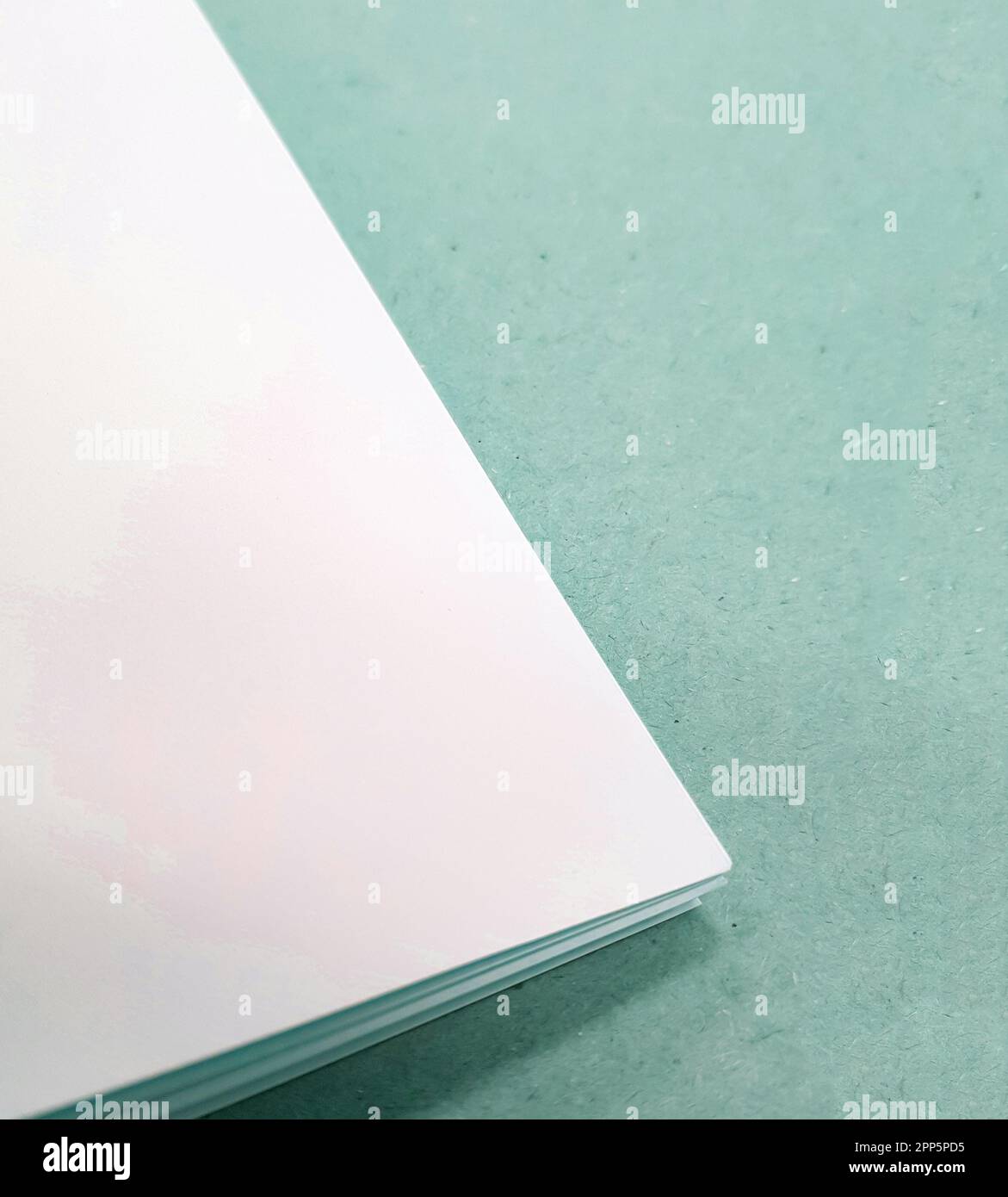 A corner of a stack of white paper sheets lies on a green background ...