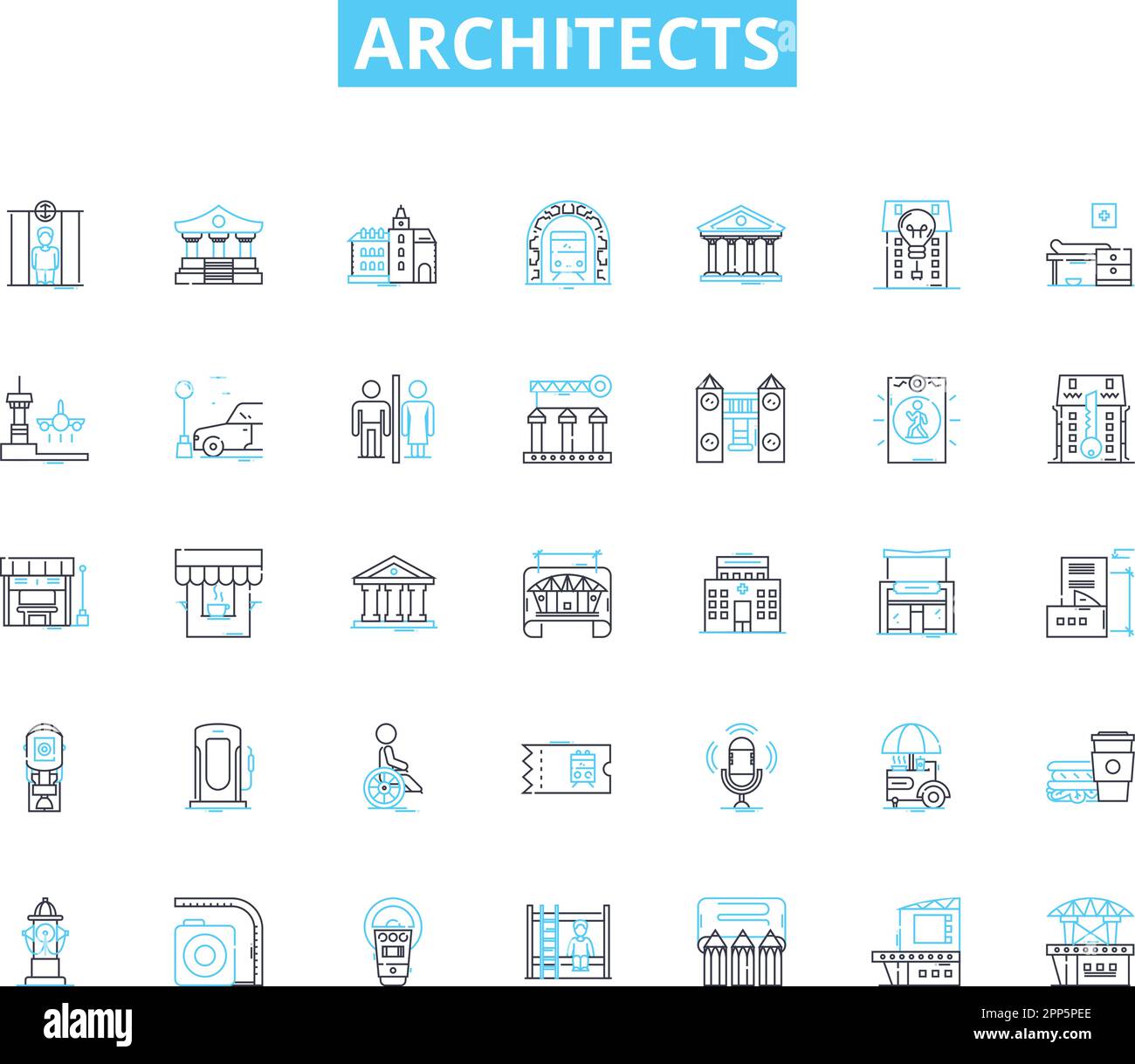 Architects linear icons set. Design, Blueprint, Building, Construction, Innovation, Structure ...