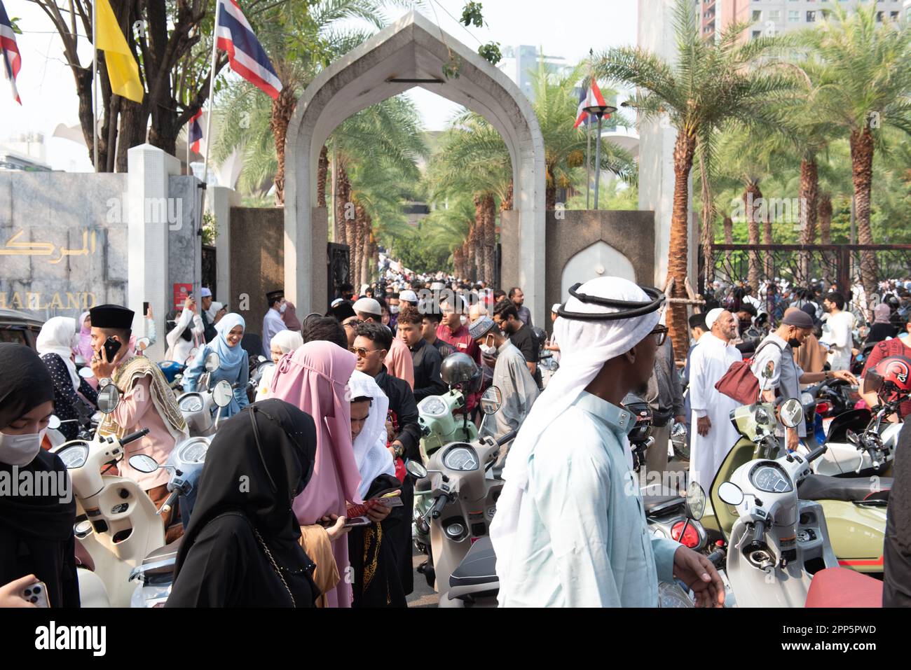 Bangkok, Thailand. 22nd Apr, 2023. Muslim worshippers gather, perform ...