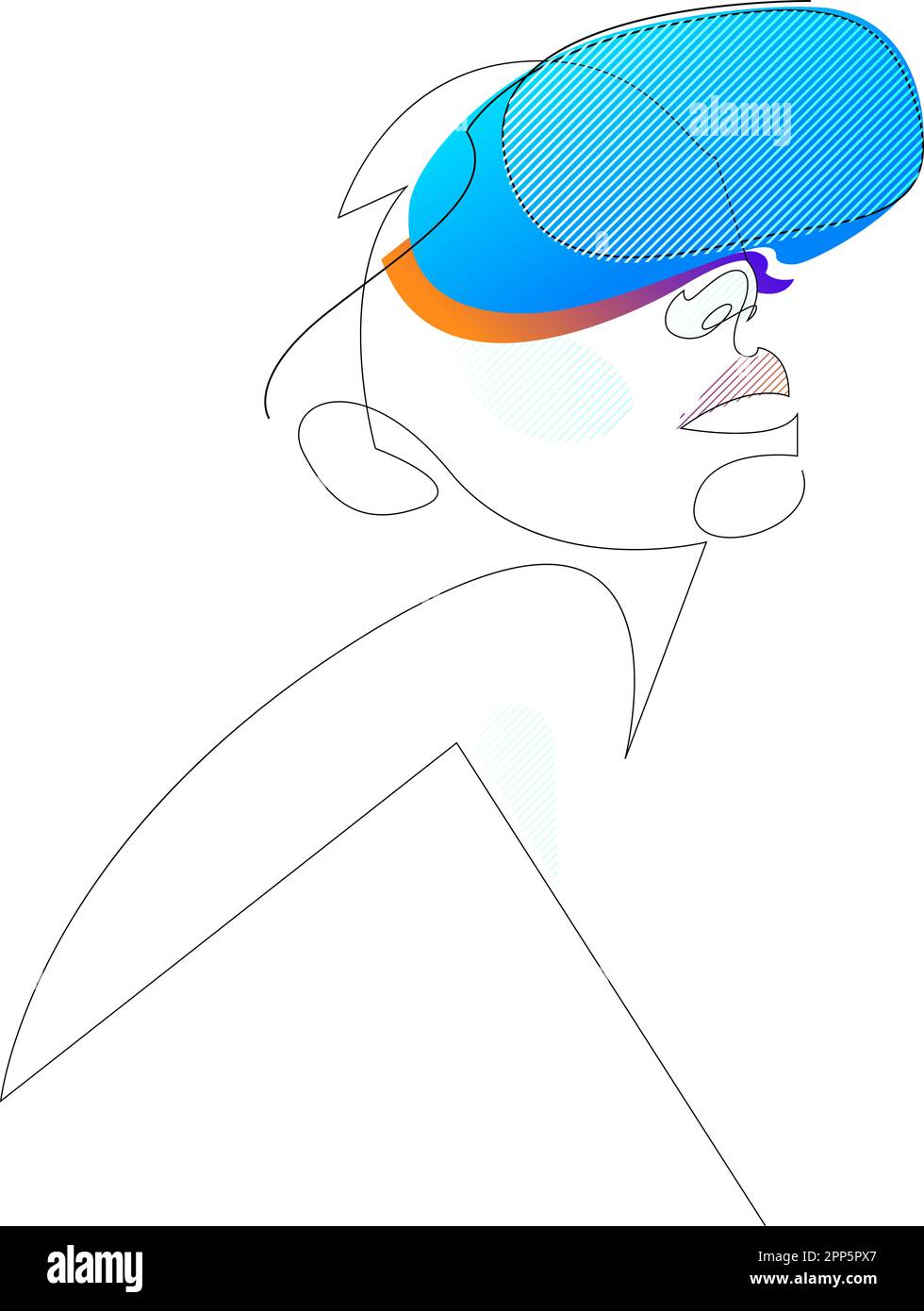 Woman wearing virtual reality glasses device or VR set minimalist line ...