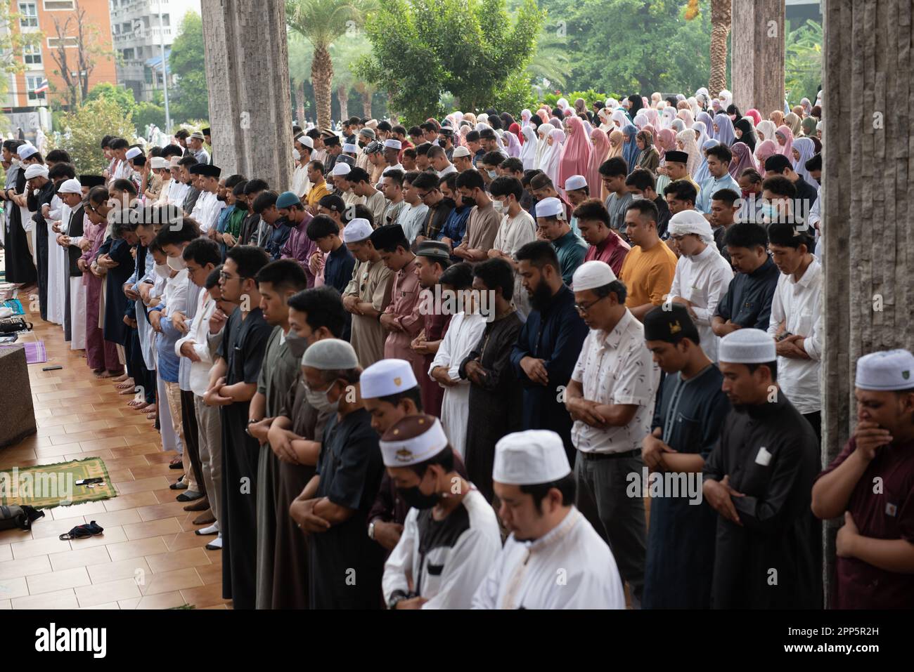 Bangkok, Thailand. 22nd Apr, 2023. Muslim worshippers gather, perform ...