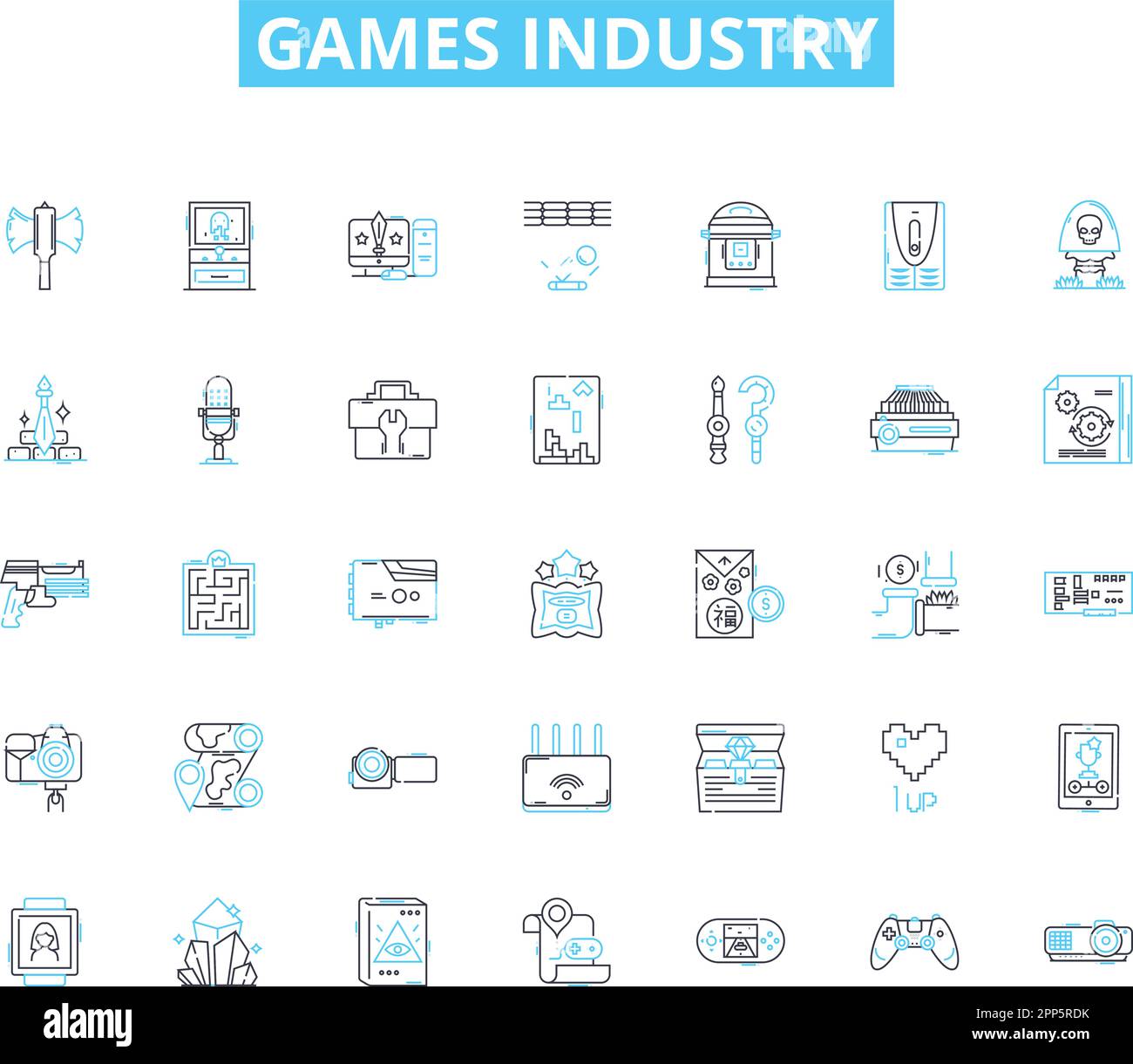 Games industry linear icons set. Gaming, Competition, Innovation, Fun, Strategy, Entertainment ...