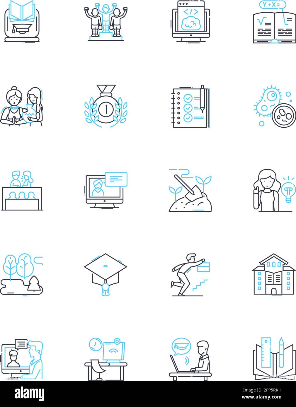Academics linear icons set. Learning, Education, Scholarship, Studying, Research, Practicality ...