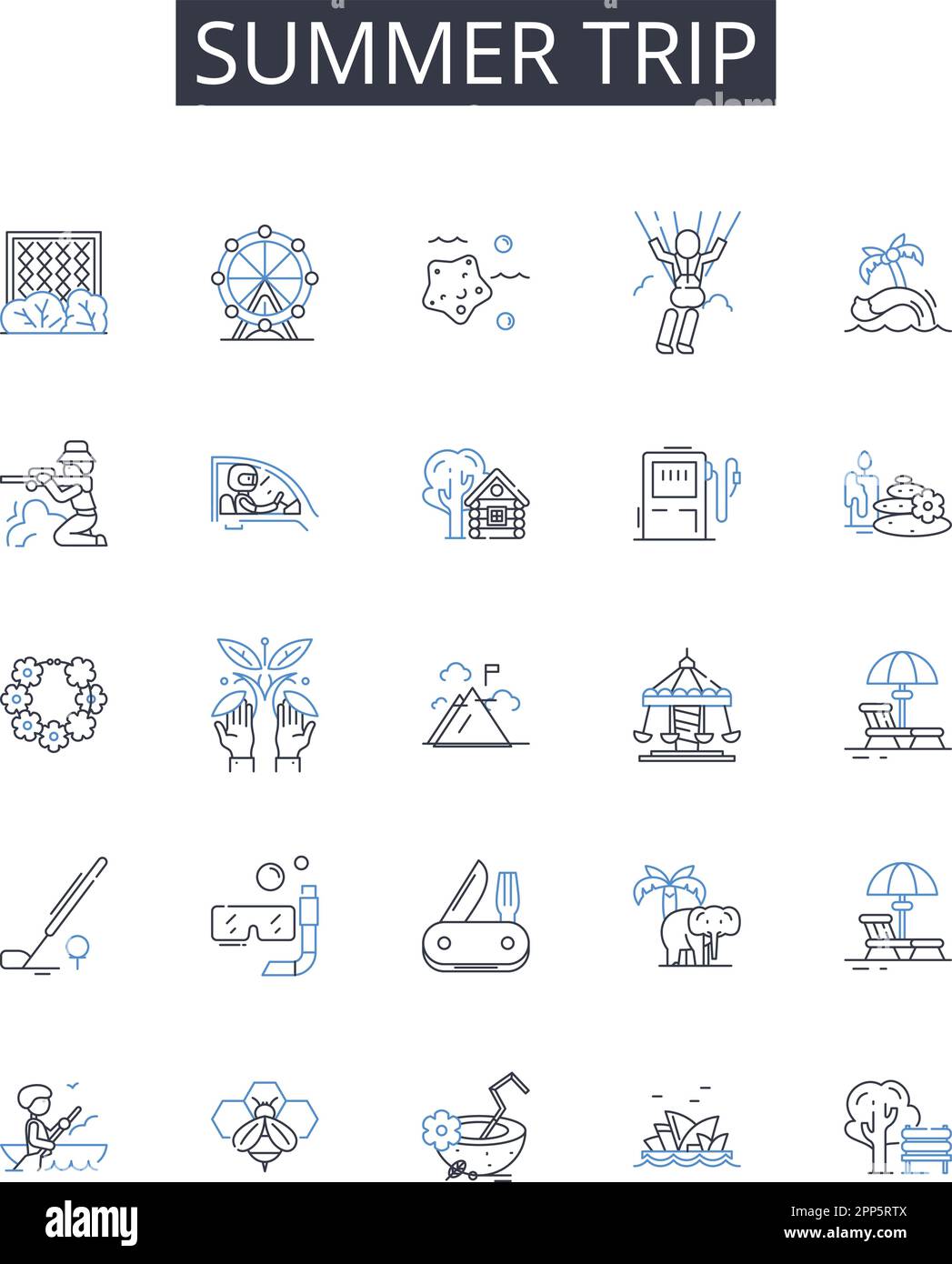 Summer trip line icons collection. Beach getaway, Road journey ...