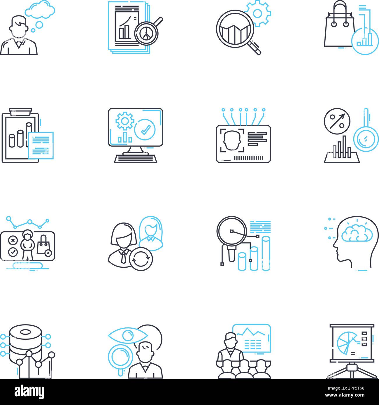 Market evaluation linear icons set. Analysis, Research, Competition, Demand, Supply, Trends ...