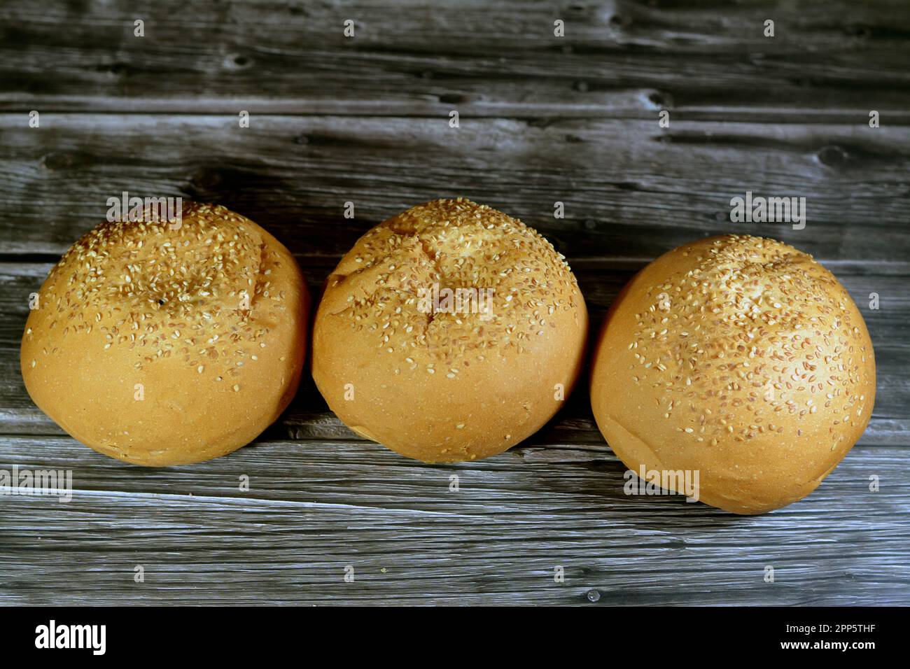 Round hand sized hamburger burger bun baked and covered with sesame ...
