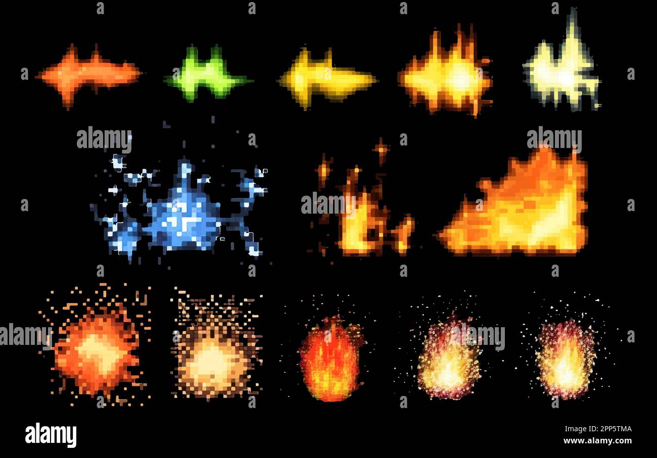 set vector pixel illustration of flash glow isolate on black background ...