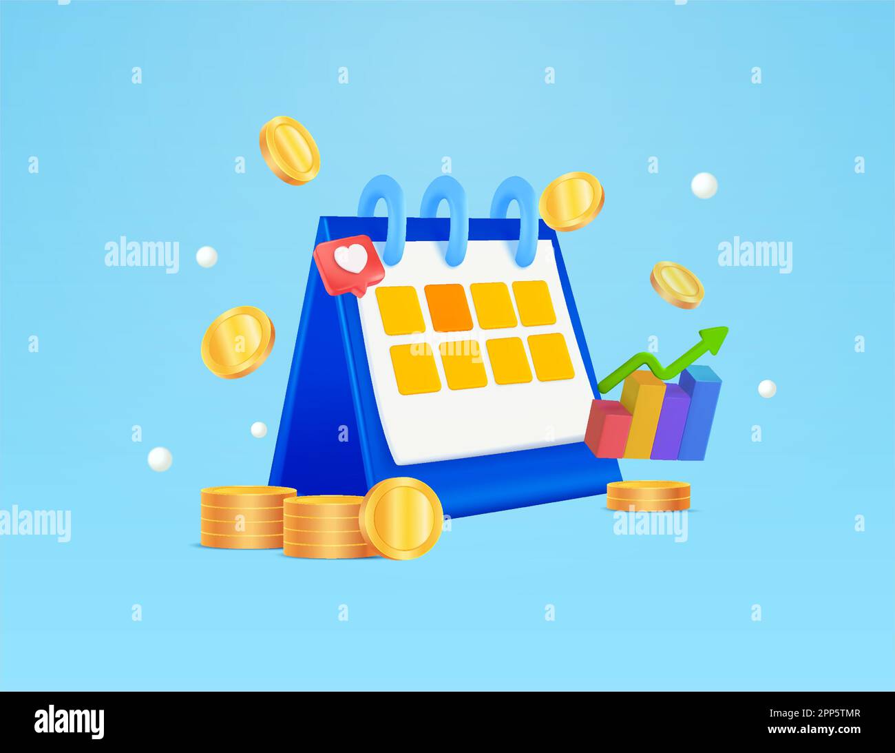 3d calendar with gold coins around, growth chart and heart icon ...
