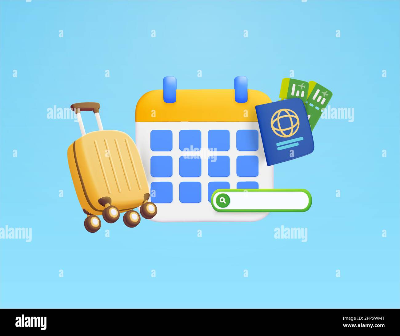 3d Calendar With Suitcase Passport Airplane Tickets Search Bar