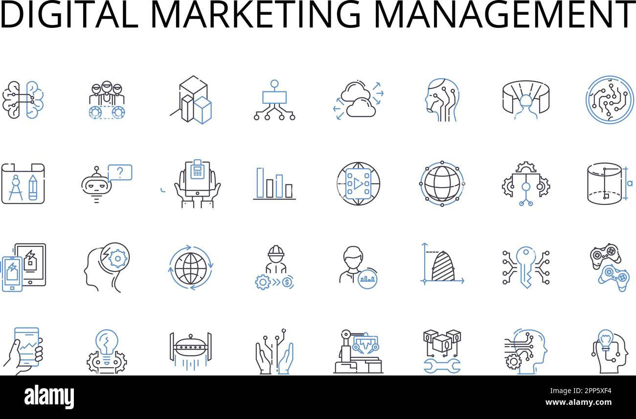 Digital marketing management line icons collection. Social media strategy, Website design ...