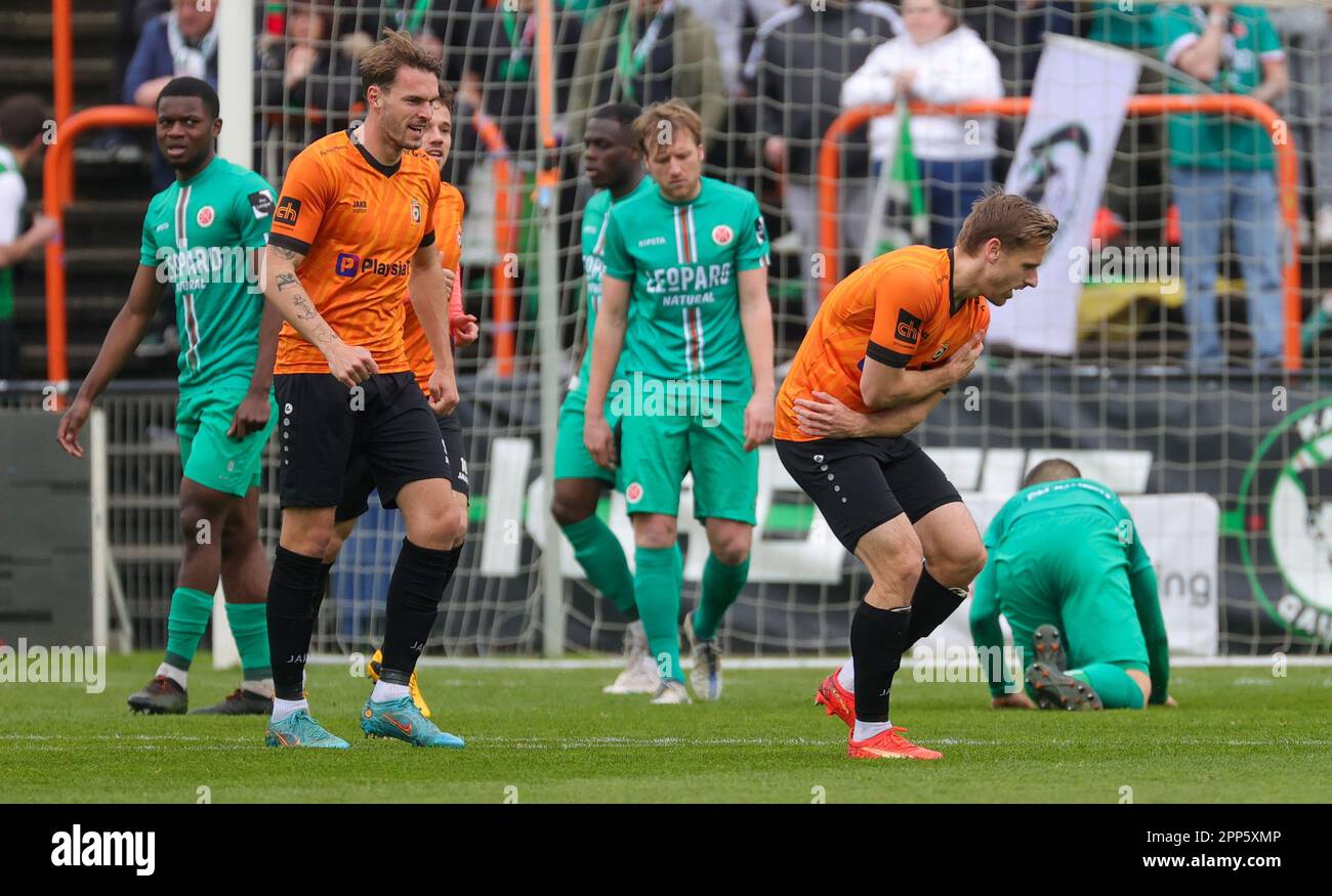 Deinze, Belgium. 22nd Apr, 2023. Deinze's Alessio Staelens celebrates ...
