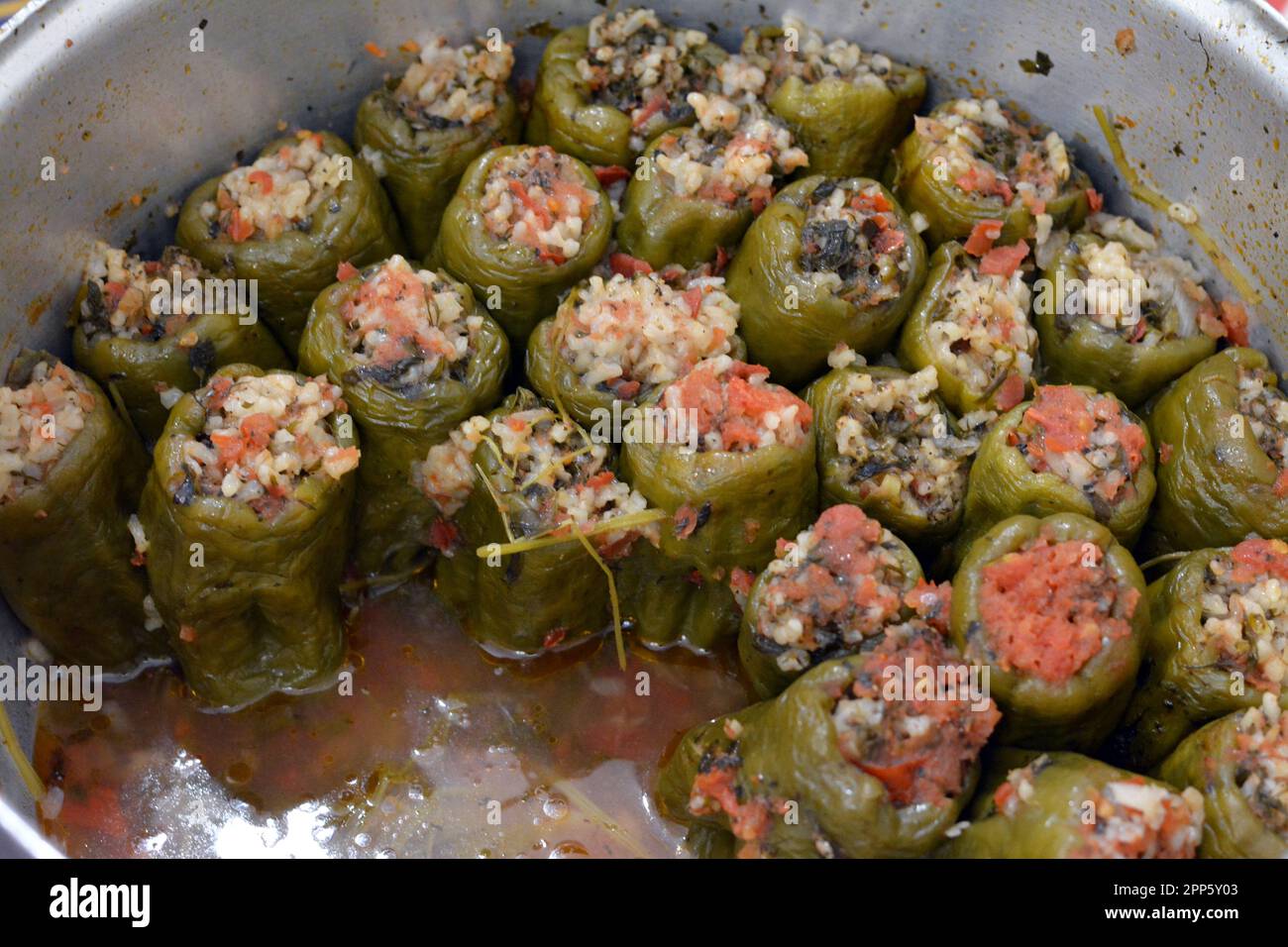 Pile of filled bell peppers stuffed Egyptian mahshi and filled with ...