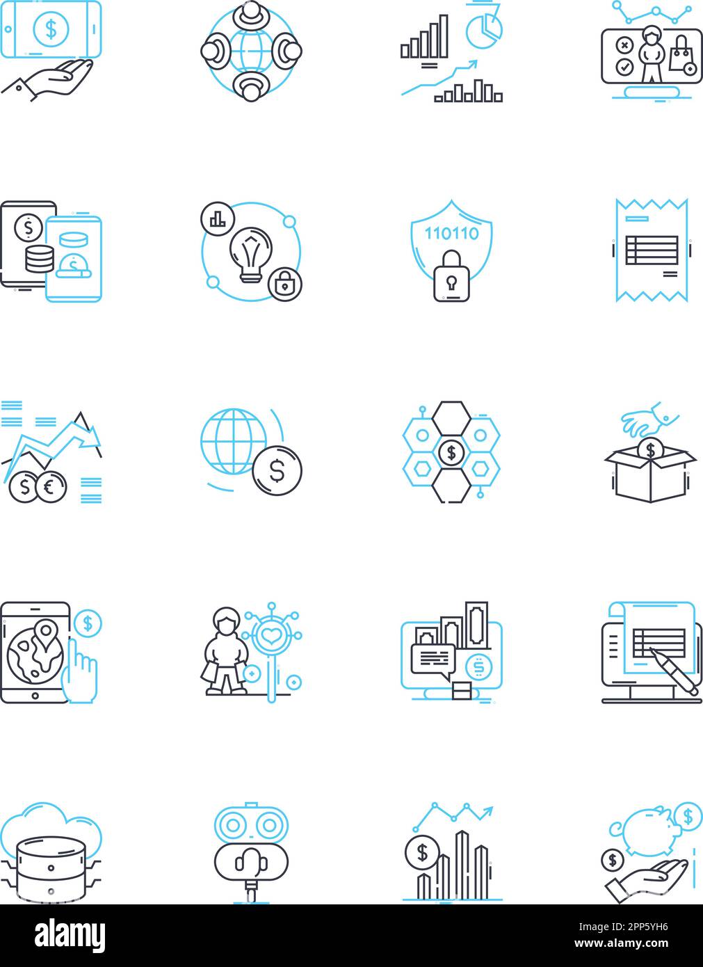 Fiscal management linear icons set. Budgeting, Forecasting, Analysis, Accounting, Investments ...