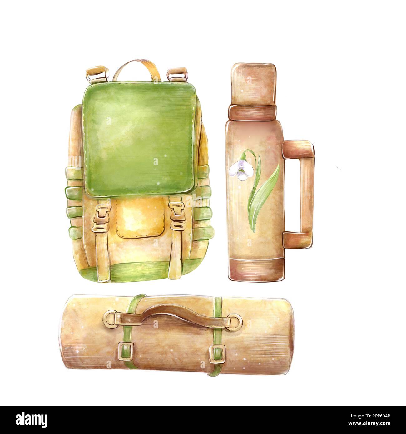 Camping or tourism watercolor set: backpack, lantern, sleeping bag ...