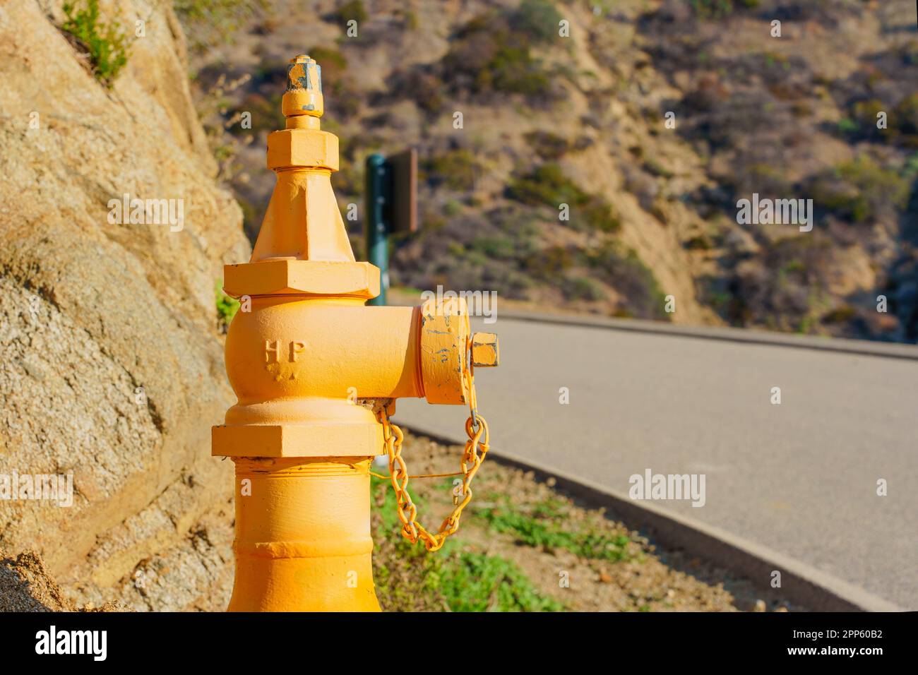 Close-up view of a yellow fire hydrant placed by a paved fire road in ...