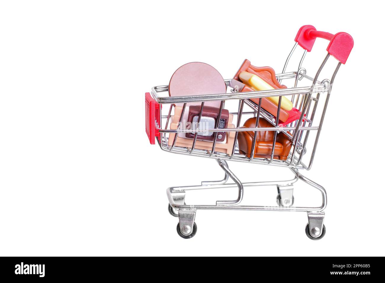 Miniature shopping trolley filled to the brim with a variety of tiny ...