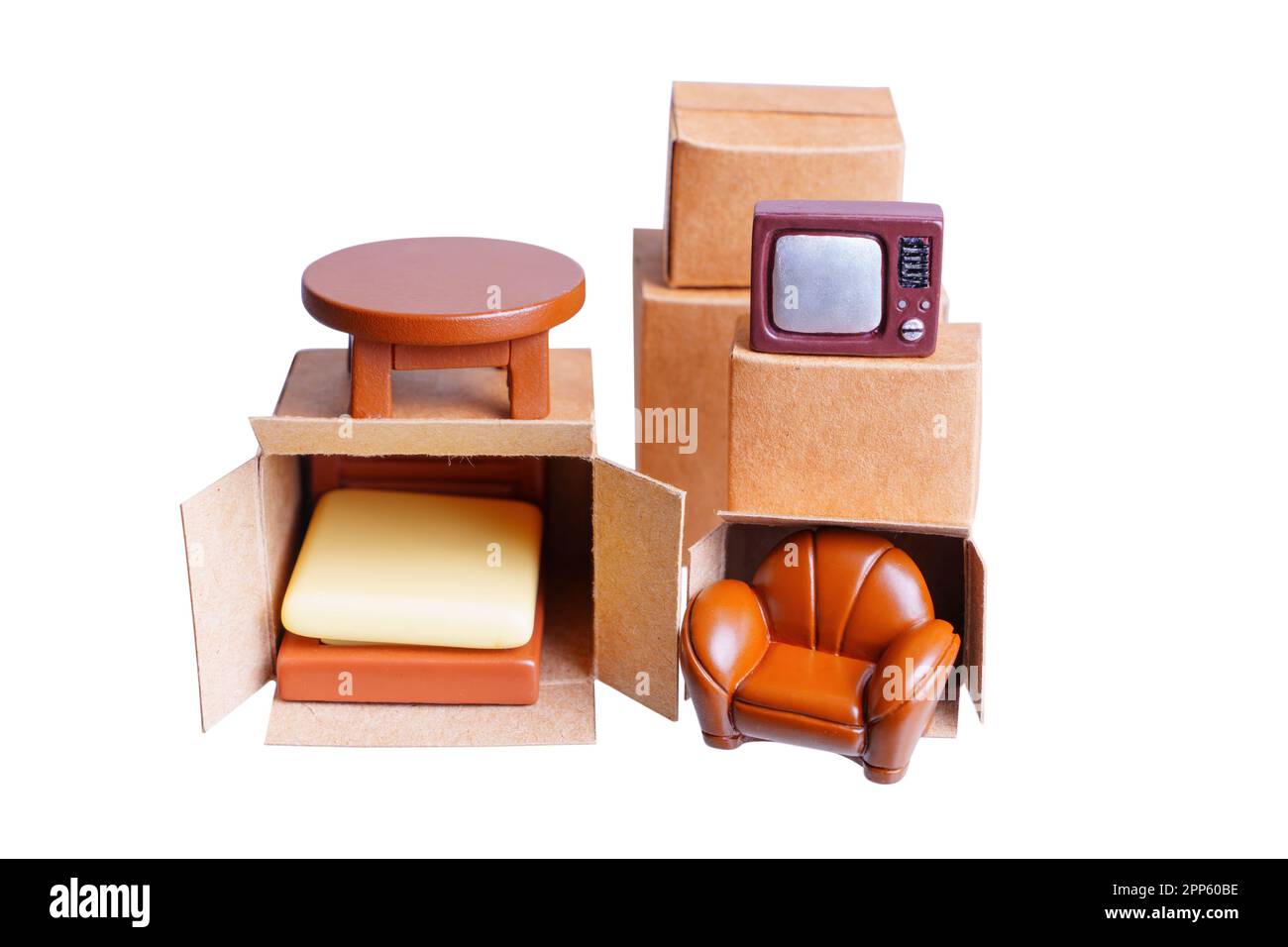 Set of tiny moving boxes with various tiny furniture figurines unpacked ...