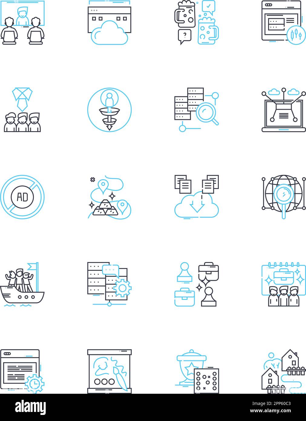 Communication technology linear icons set. Wireless, Satellite, Fiber, Blogging, Social, SMS ...