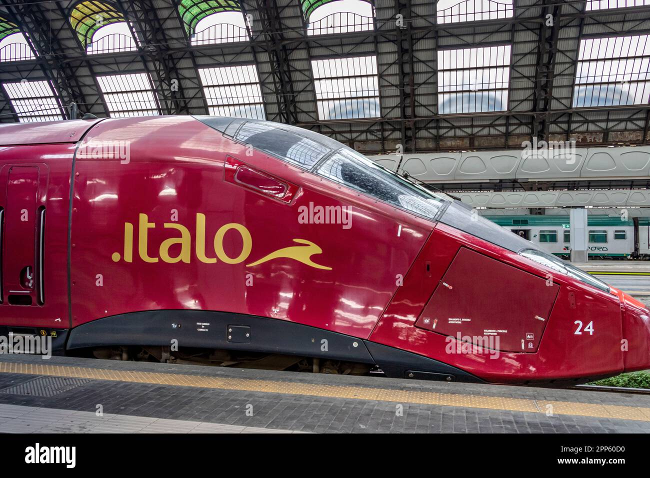 A high speed Italo Alstom AGV train at Milan Centrale railway station ...