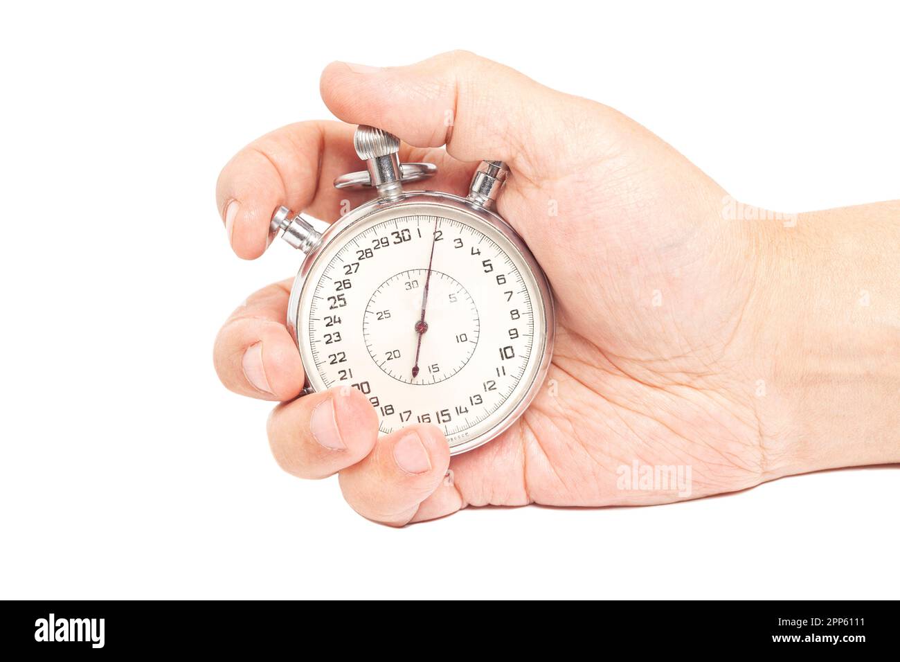 stopwatch in hand isolated on white background Stock Photo - Alamy