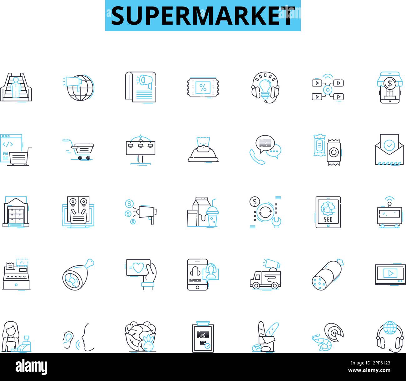Supermarket linear icons set. Groceries, Aisles, Carts, Checkout, Deli ...