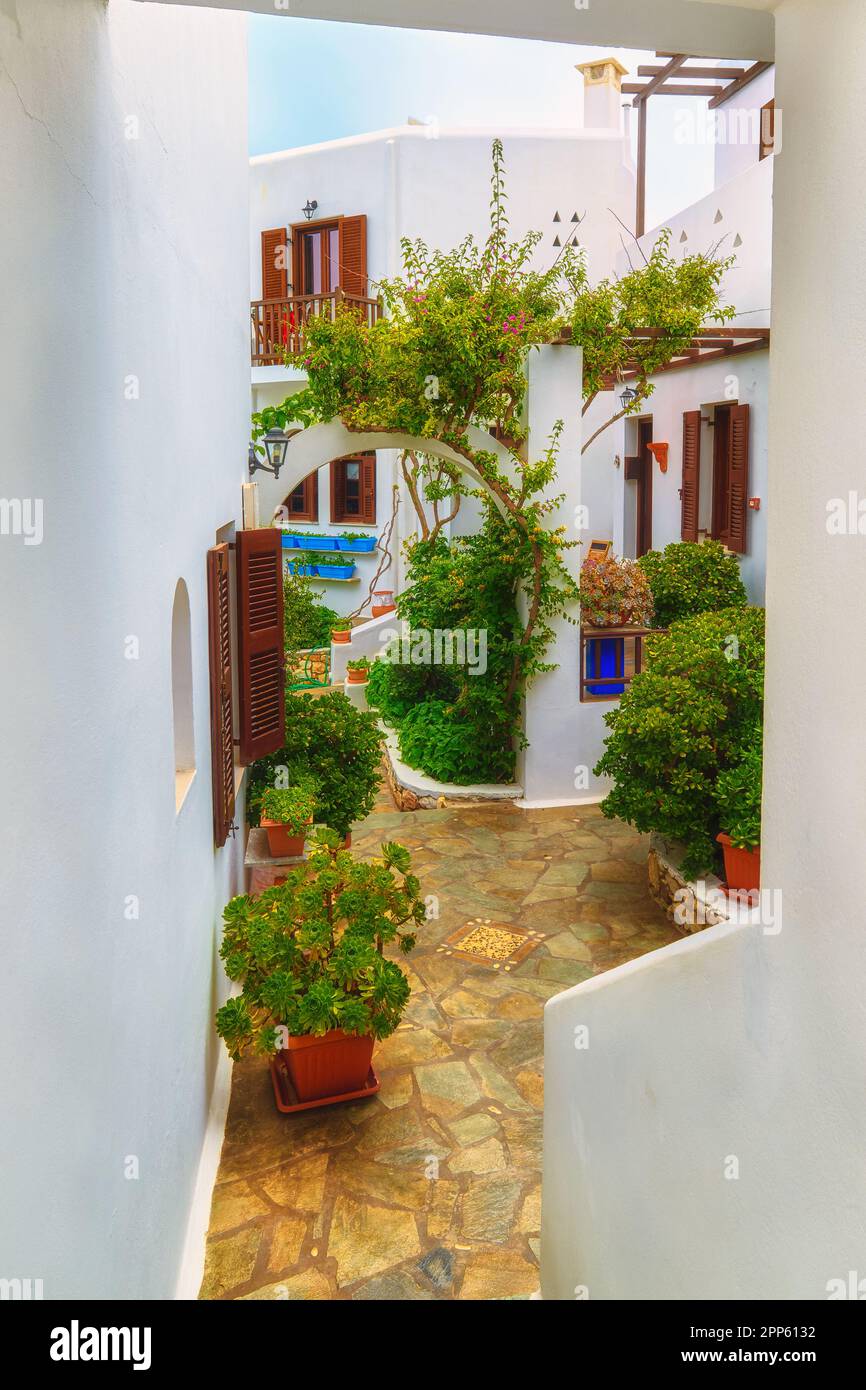 Beautiful patio in traditional Greek style, whitewashed walls and lush ...
