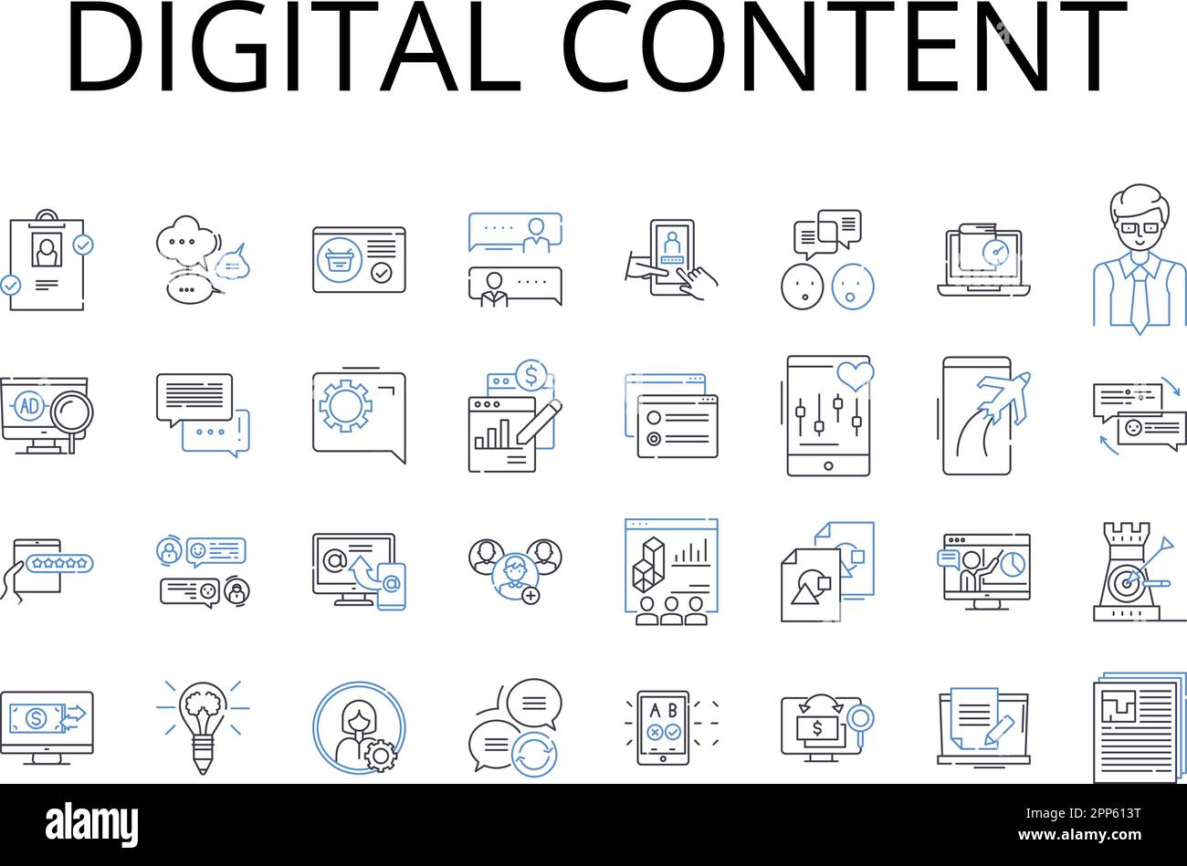 Digital content line icons collection. Online presence, Electronic media, Virtual assets, Cyber ...