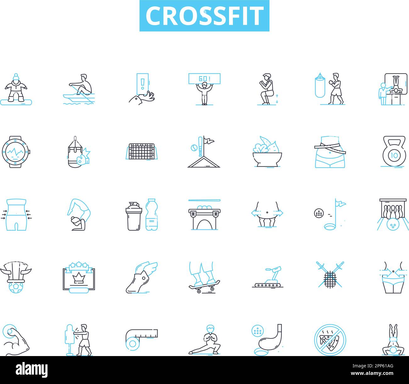 Crossfit linear icons set. WOD, Box, Reps, AMRAP, EMOM, Kipping ...