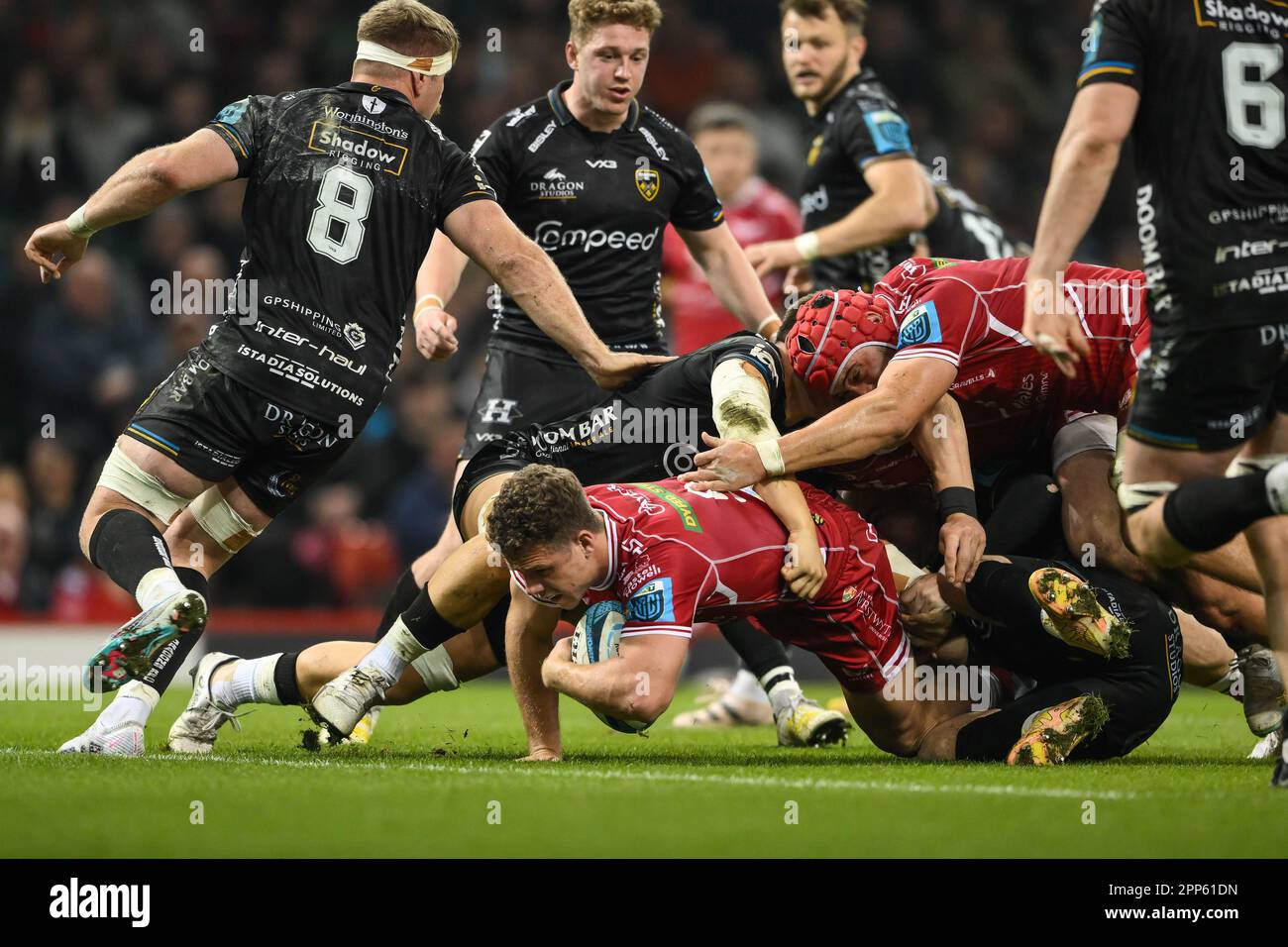 Kieran Hardy of Scarlets goes over for a tryduring the United Rugby ...