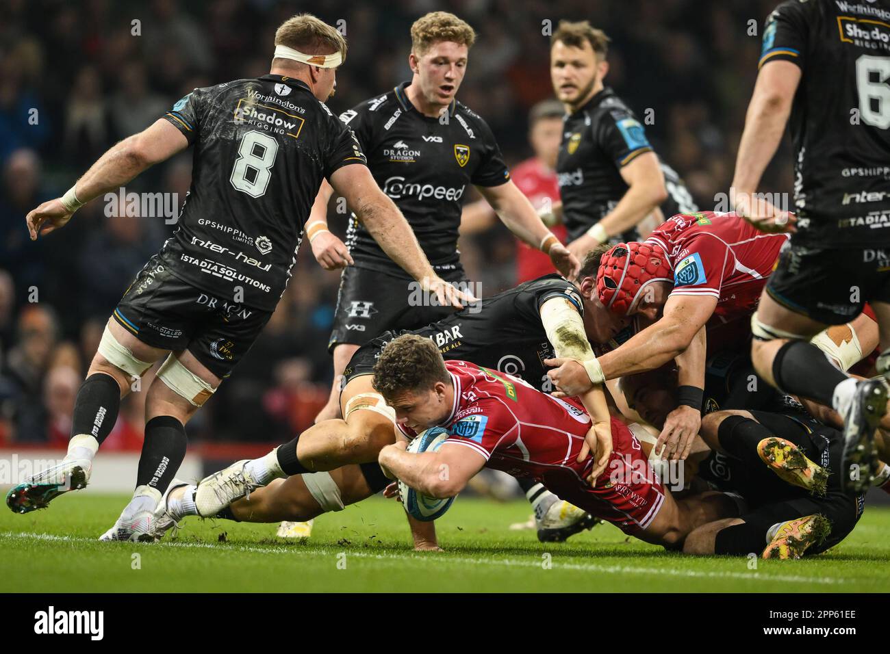 Kieran Hardy of Scarlets goes over for a tryduring the United Rugby ...