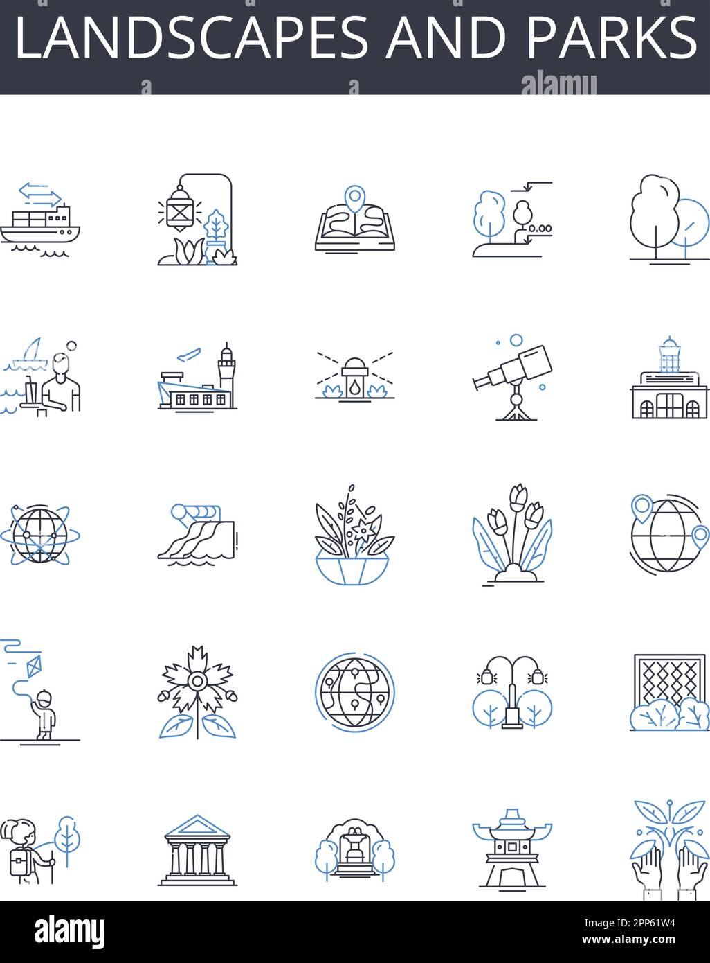 Landscapes and parks line icons collection. Oceans and beaches ...