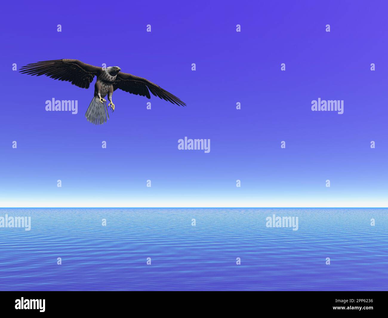 Illustrated surreal falcon flying over a blue sea Stock Photo - Alamy