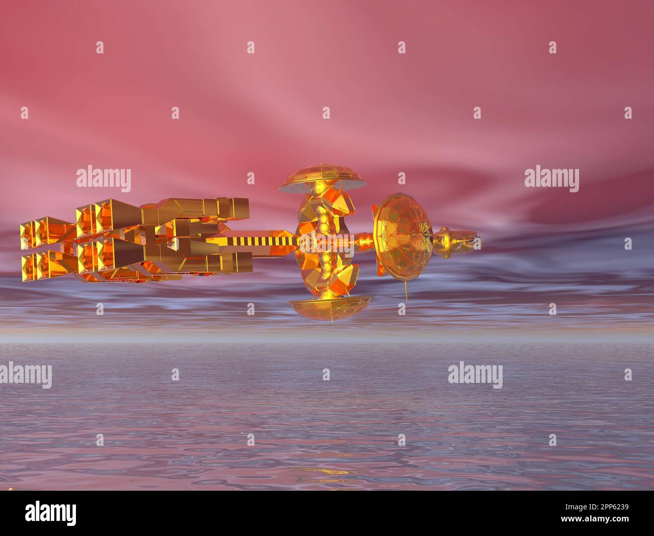 Golden spaceship exploring a beautiful ocean planet Stock Photo - Alamy