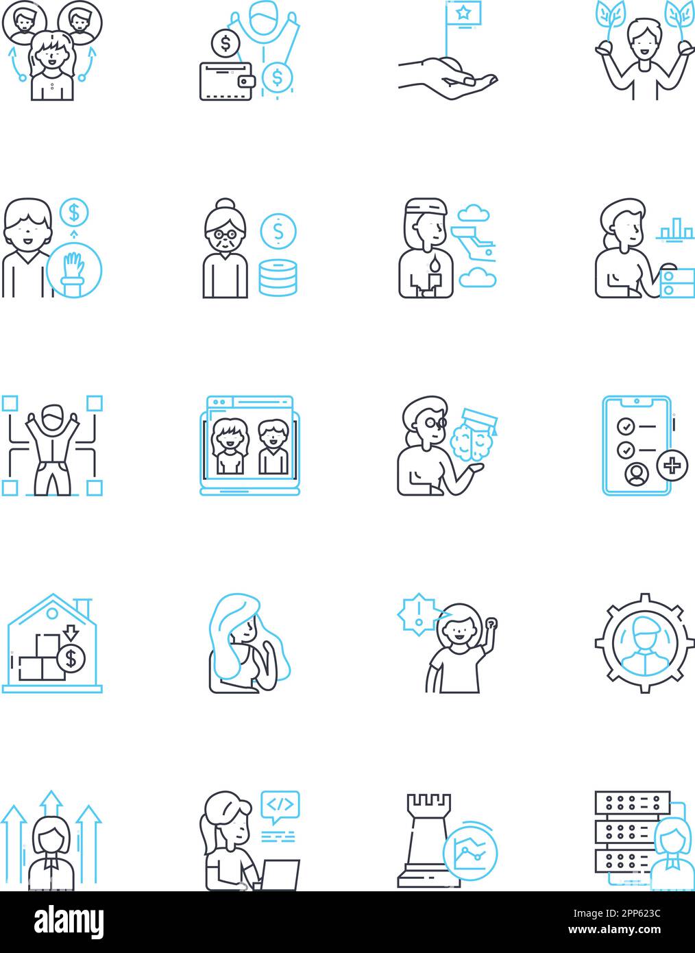 Feminine professions linear icons set. Nurse, Teacher, Engineer ...