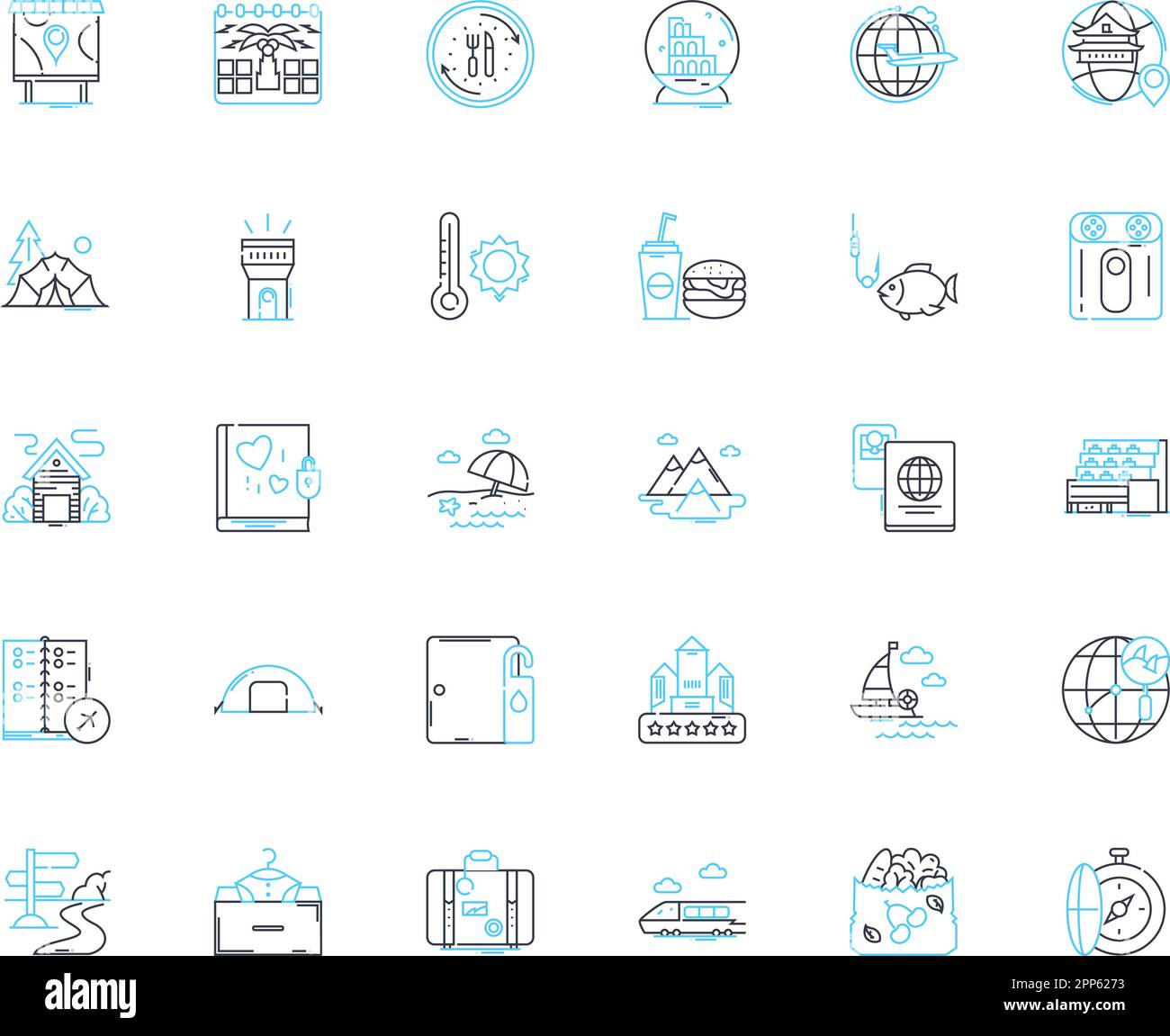 Camping sites linear icons set. Wilderness, Adventure, Glamping ...