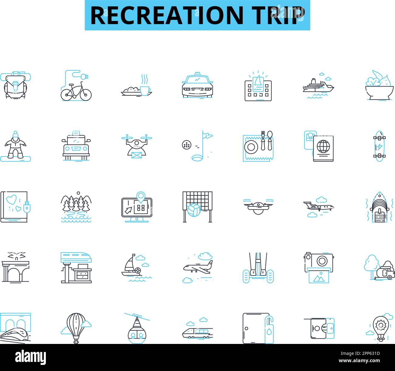 Recreation trip linear icons set. Adventure, Scenic, Relaxing, Exciting ...