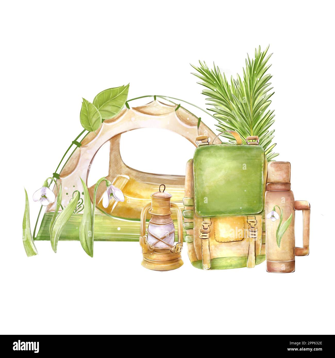 Camping, watercolor composition with tent, thermos, kerosene lamp in ...