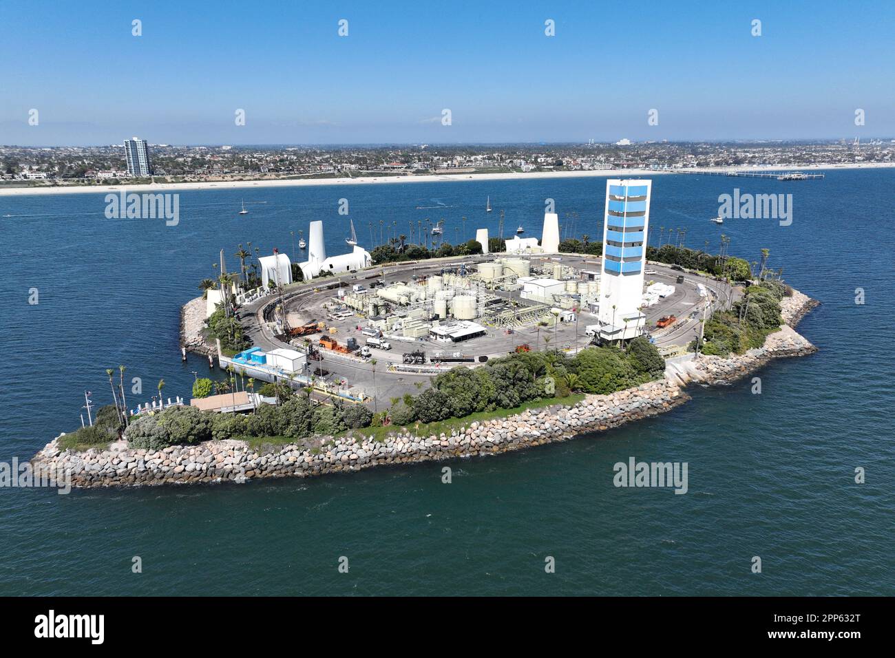 An aerial view of THUMS Oil Island White, Sunday, April 9, 2023, in ...