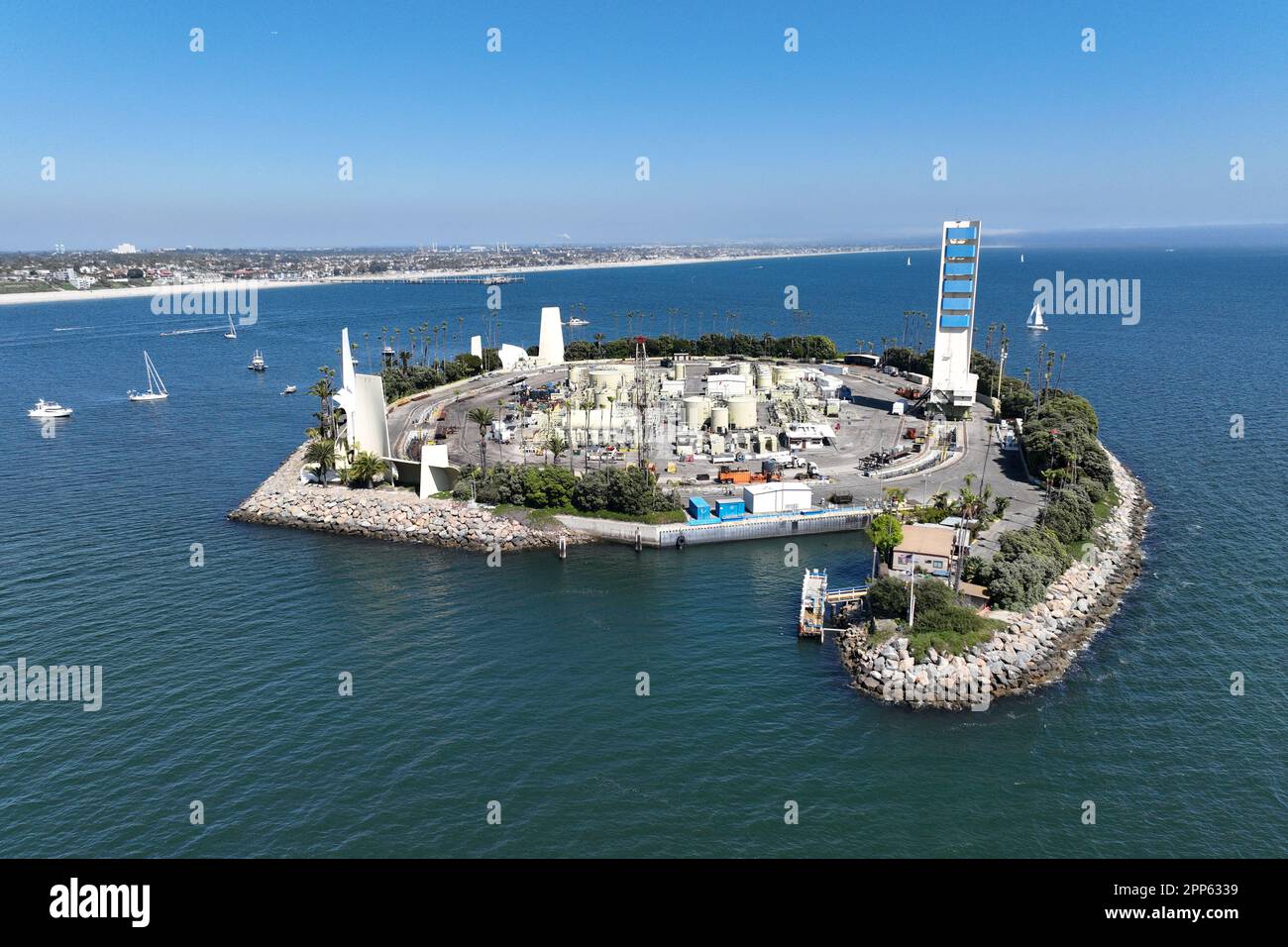 An aerial view of THUMS Oil Island White, Sunday, April 9, 2023, in ...