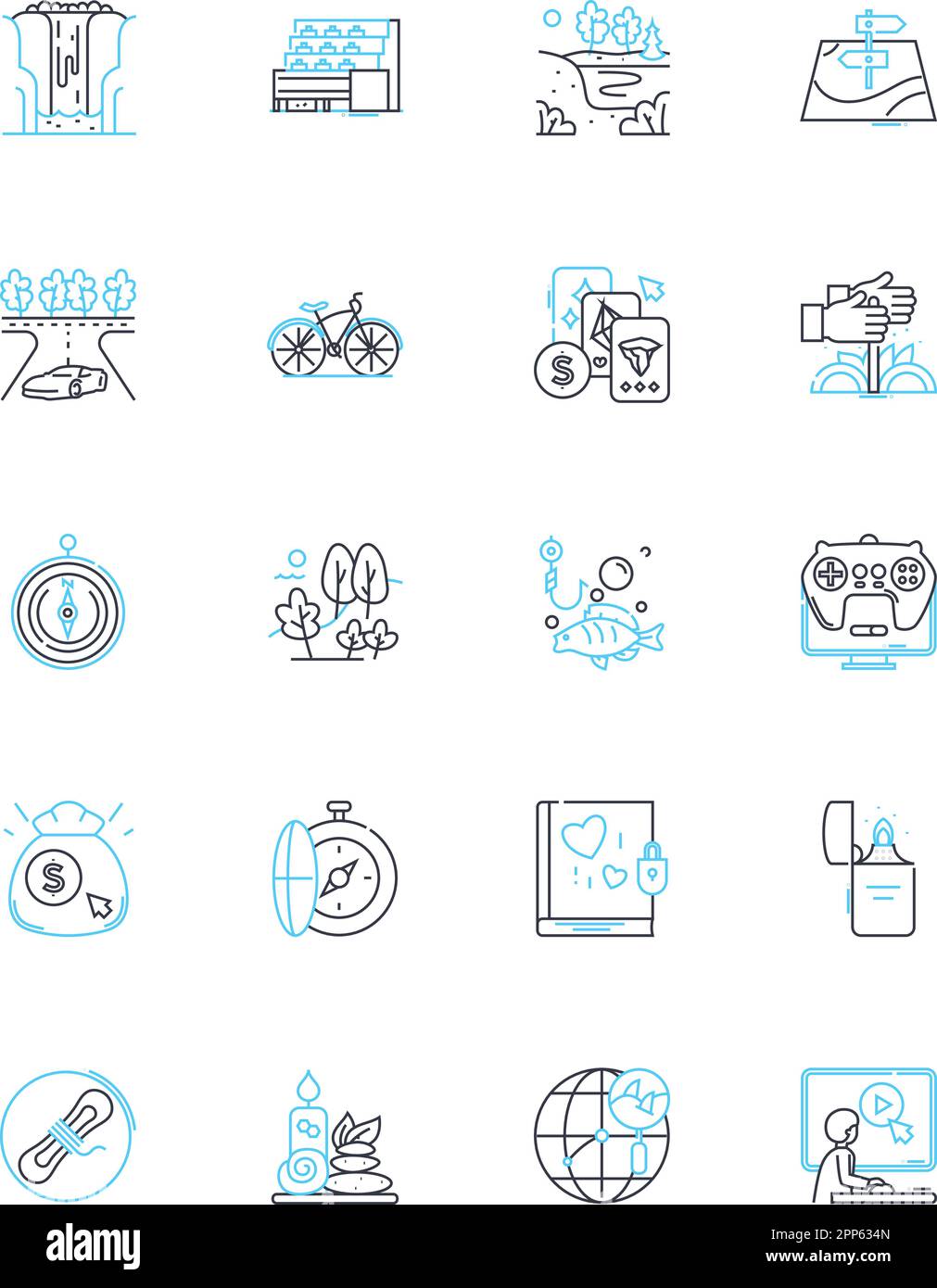 Getaway weekend linear icons set. Retreat, Escapade, Adventure ...