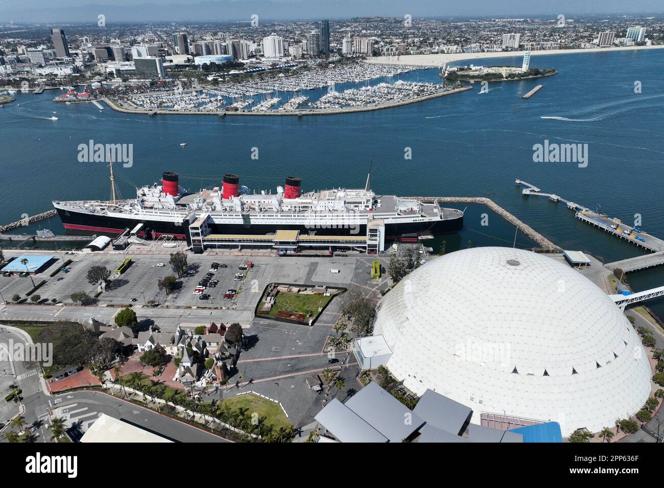 An aerial view of the Queen Mary and Spruce Goose Dome, Sunday, April 9 ...