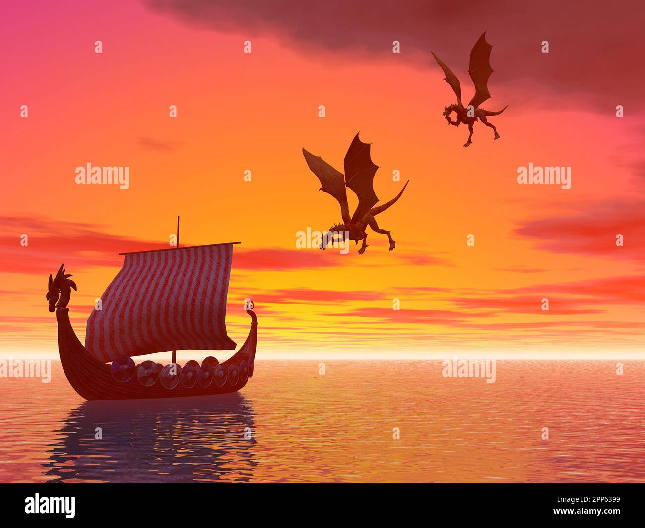A viking dragon raider ship followed by flying dragons Stock Photo - Alamy